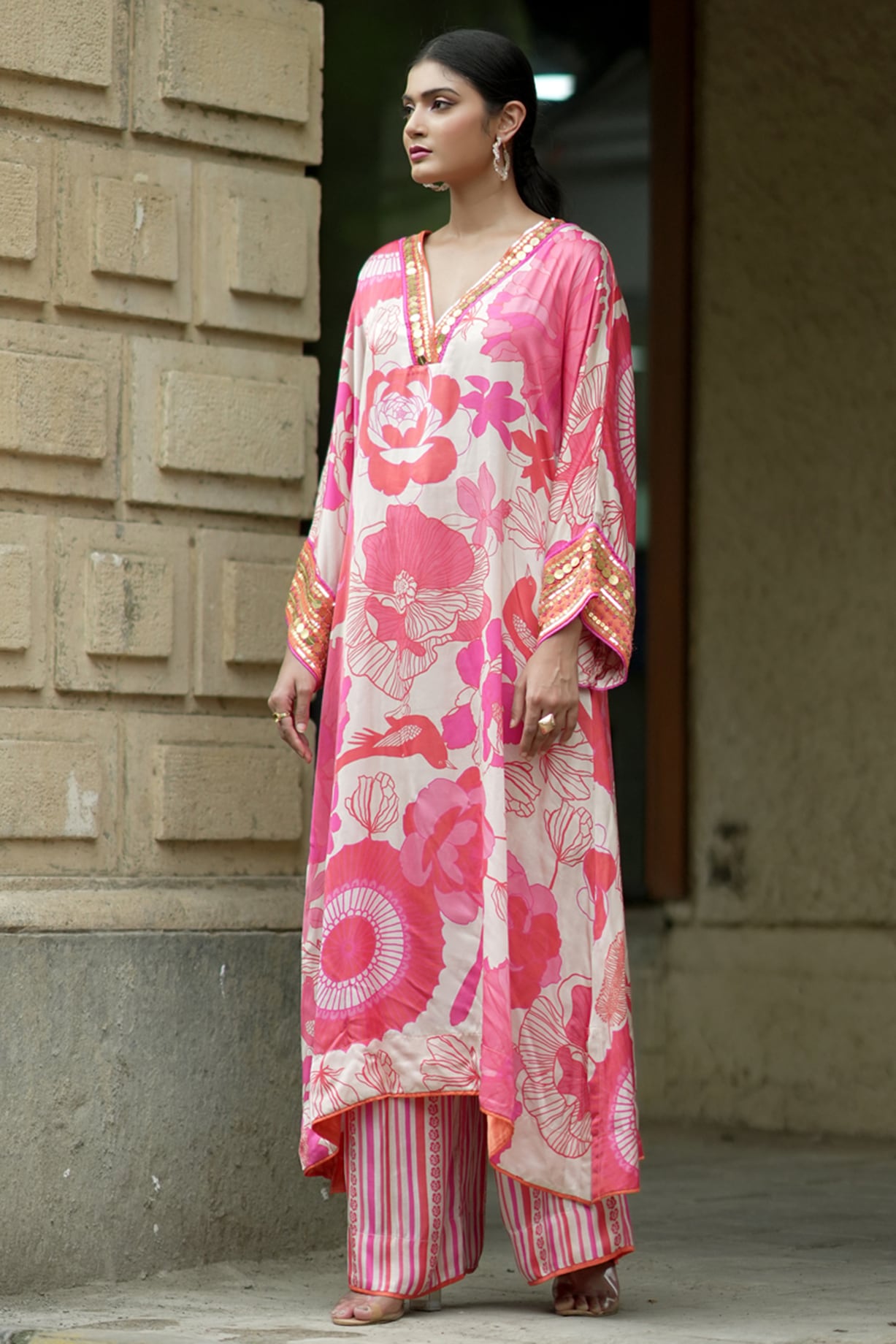 Beige Modal Floral Printed & Beads Embellished Long Kurta Set by Almaari by Pooja Patel at ...