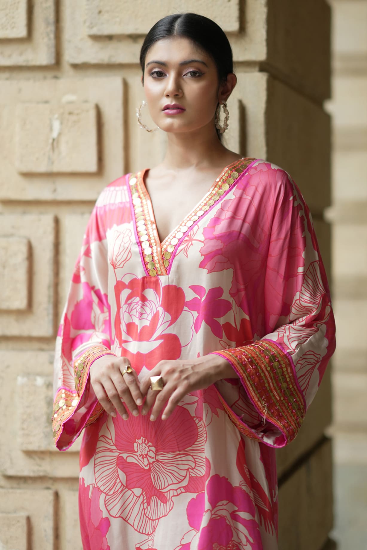 Beige Modal Floral Printed & Beads Embellished Long Kurta Set by Almaari by Pooja Patel at ...