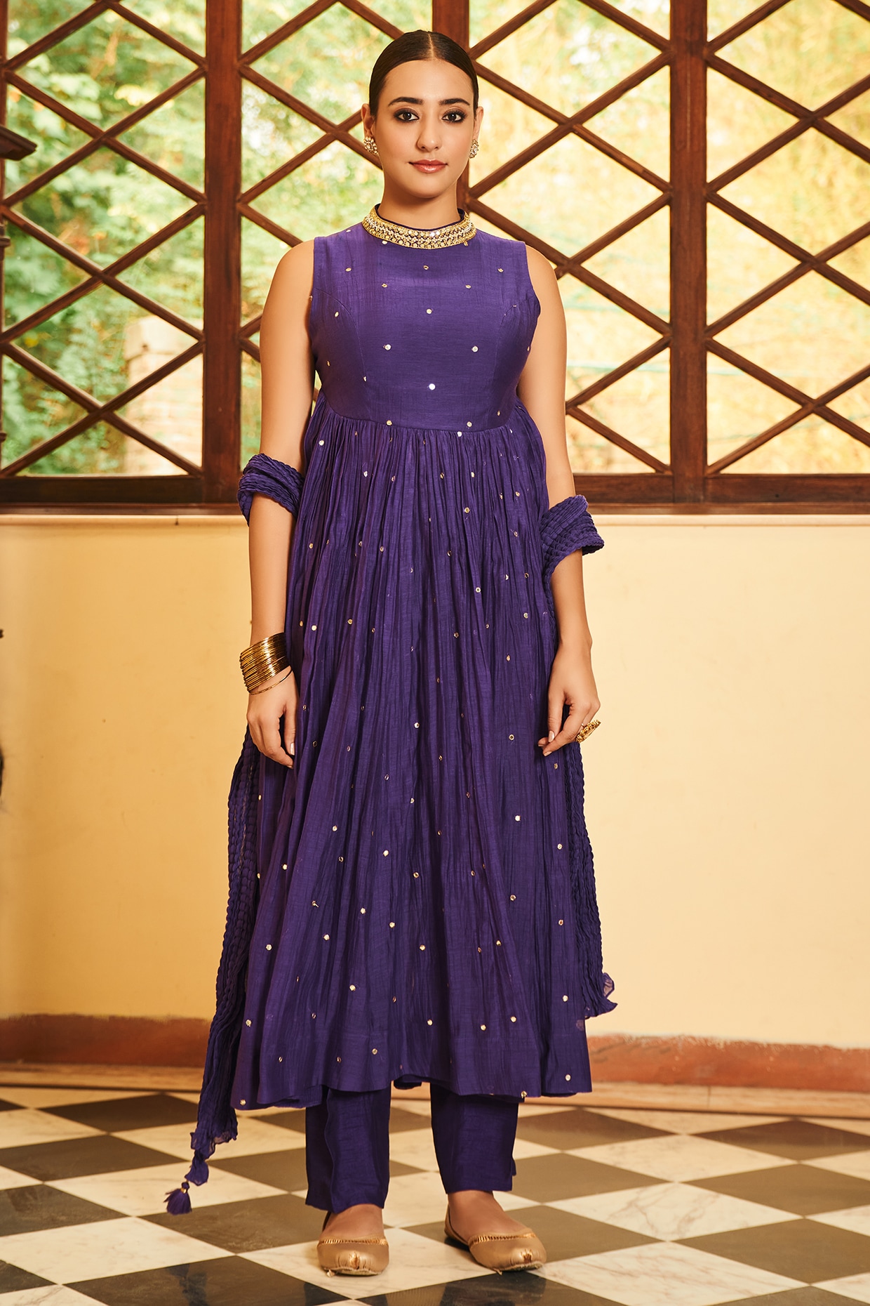 Purple Soft Chanderi Pearl Work Anarkali Set by Almaari by Pooja Patel at Pernia's Pop Up Shop 2025