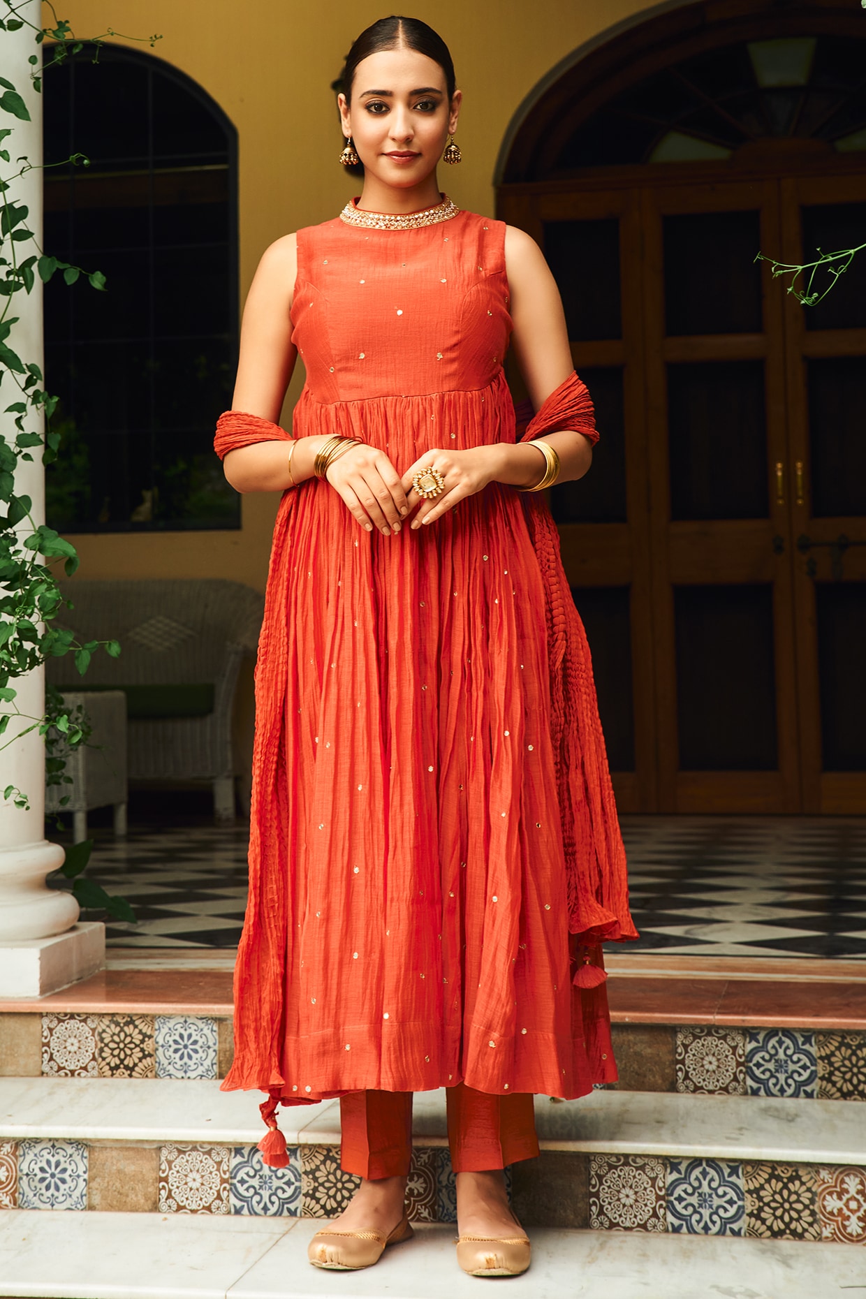 Red Soft Chanderi Pearl Work Anarkali Set by Almaari by Pooja Patel at Pernia's Pop Up Shop 2025