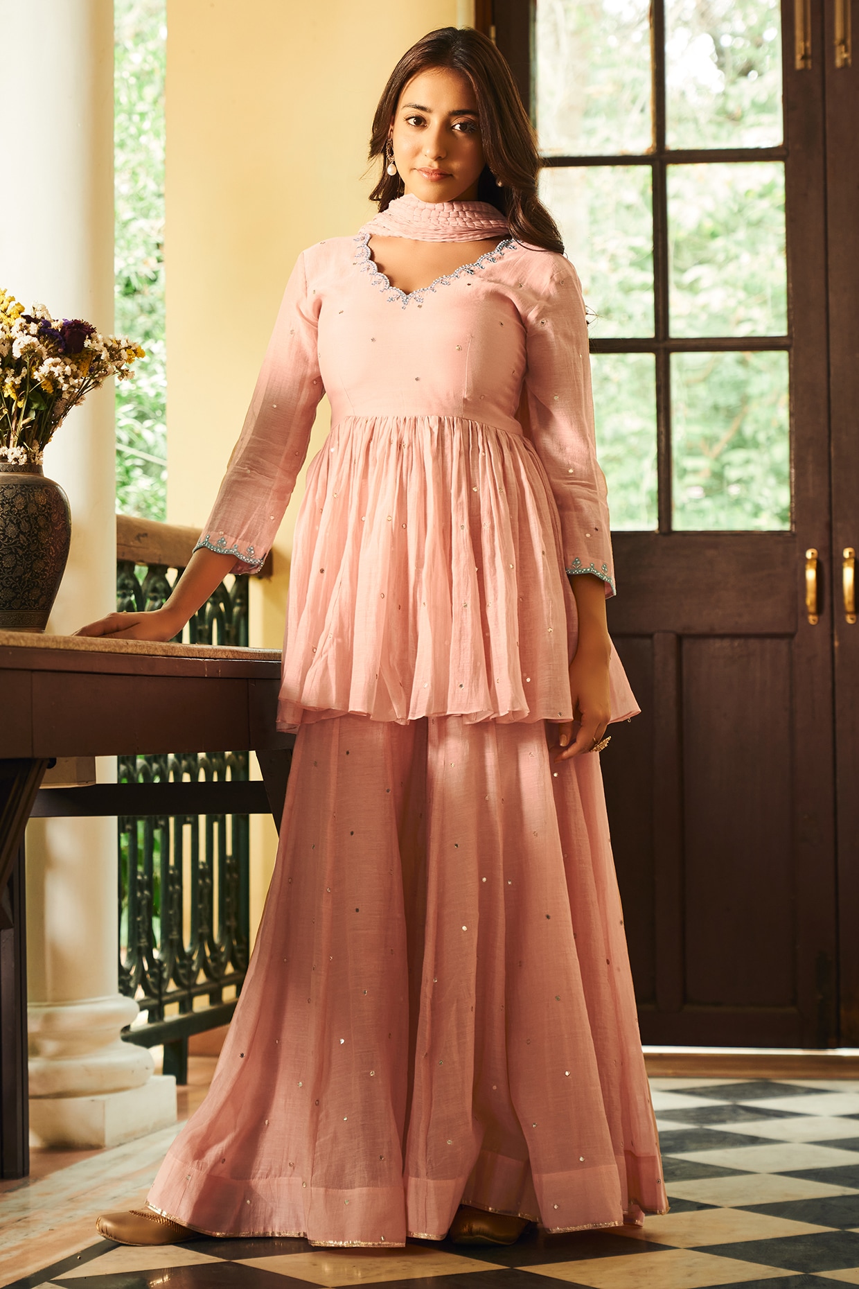 Peach Soft Chanderi Flared Sharara Set by Almaari by Pooja Patel at ...