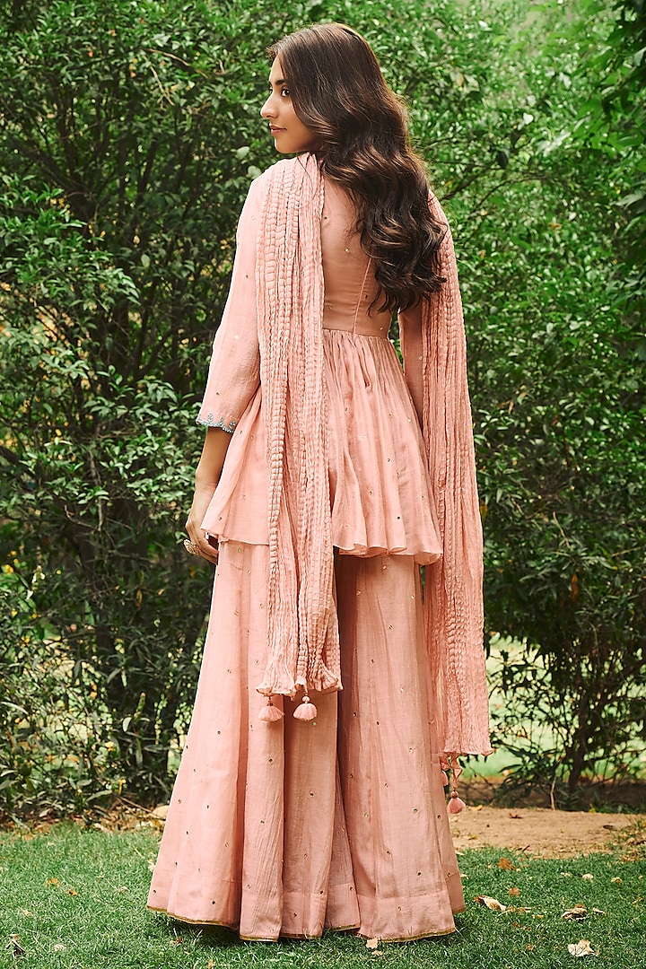 Peach Soft Chanderi Flared Sharara Set by Almaari by Pooja Patel at ...