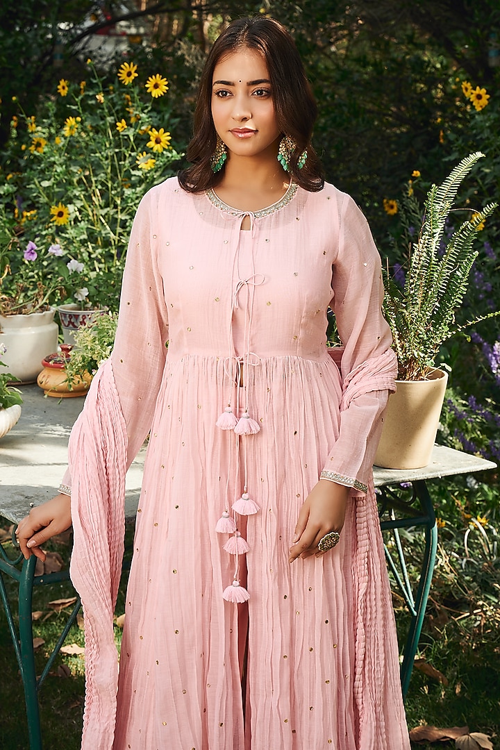 Light Pink Soft Chanderi Dori Work Anarkali Set by Almaari by Pooja Patel at Pernia's Pop Up ...