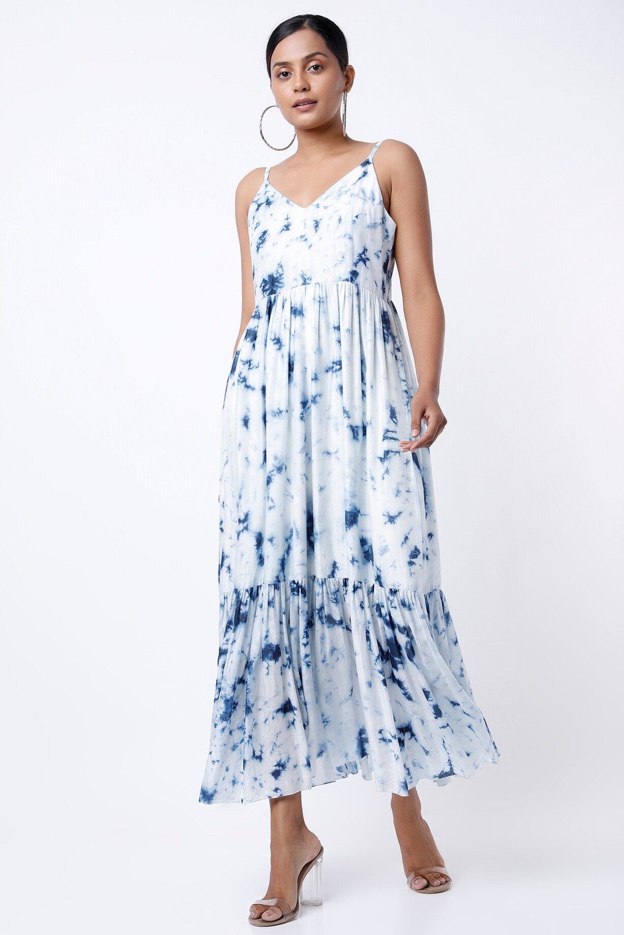 Indigo & White Tie-Dye Printed Layered Maxi Dress by Alpa & Reena at Pernia's Pop Up Shop 2025