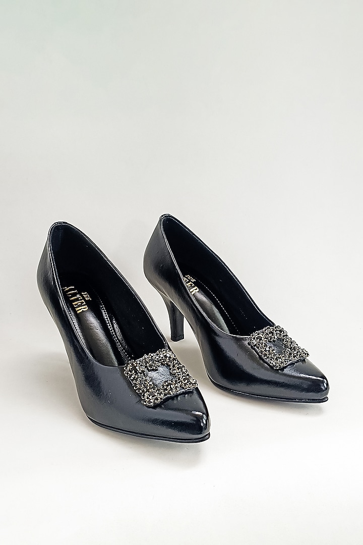 Black Faux Leather Rhinestone Embellished Pumps by The Alter at Pernia ...