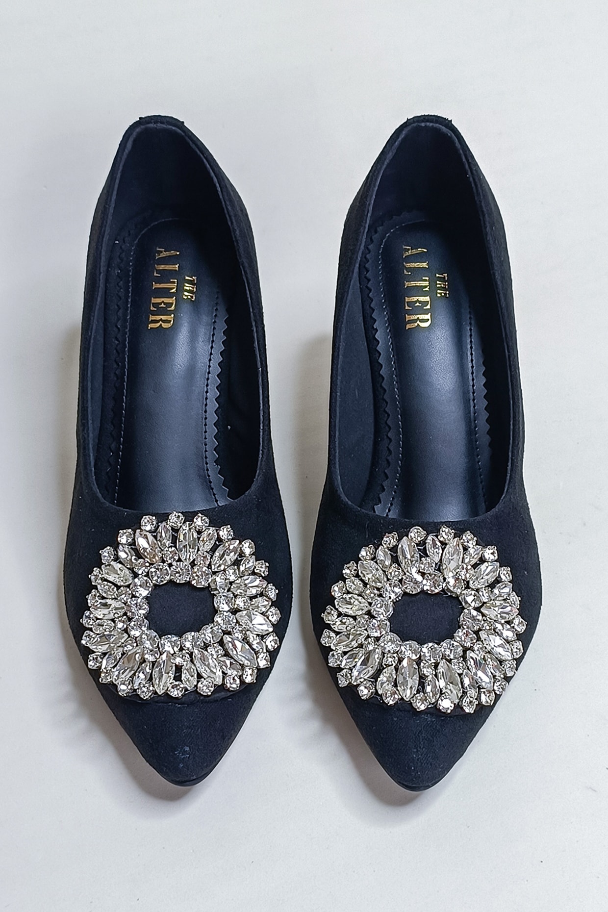 Black Faux Leather Rhinestone Embellished Pumps by The Alter at Pernia ...