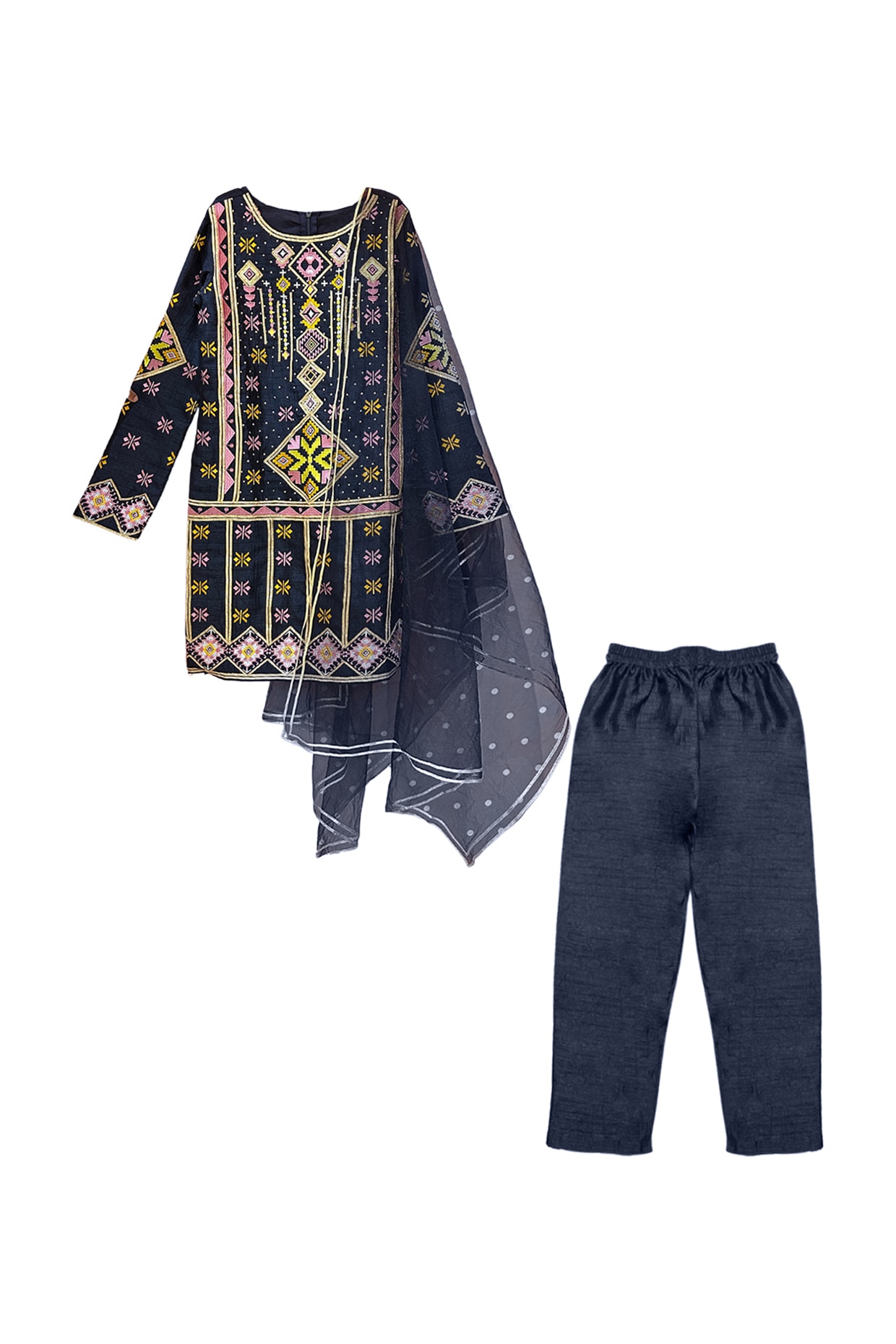 Blue Silk Embroidered Kurta Set For Girls by Alyaansh Couture at Pernia ...
