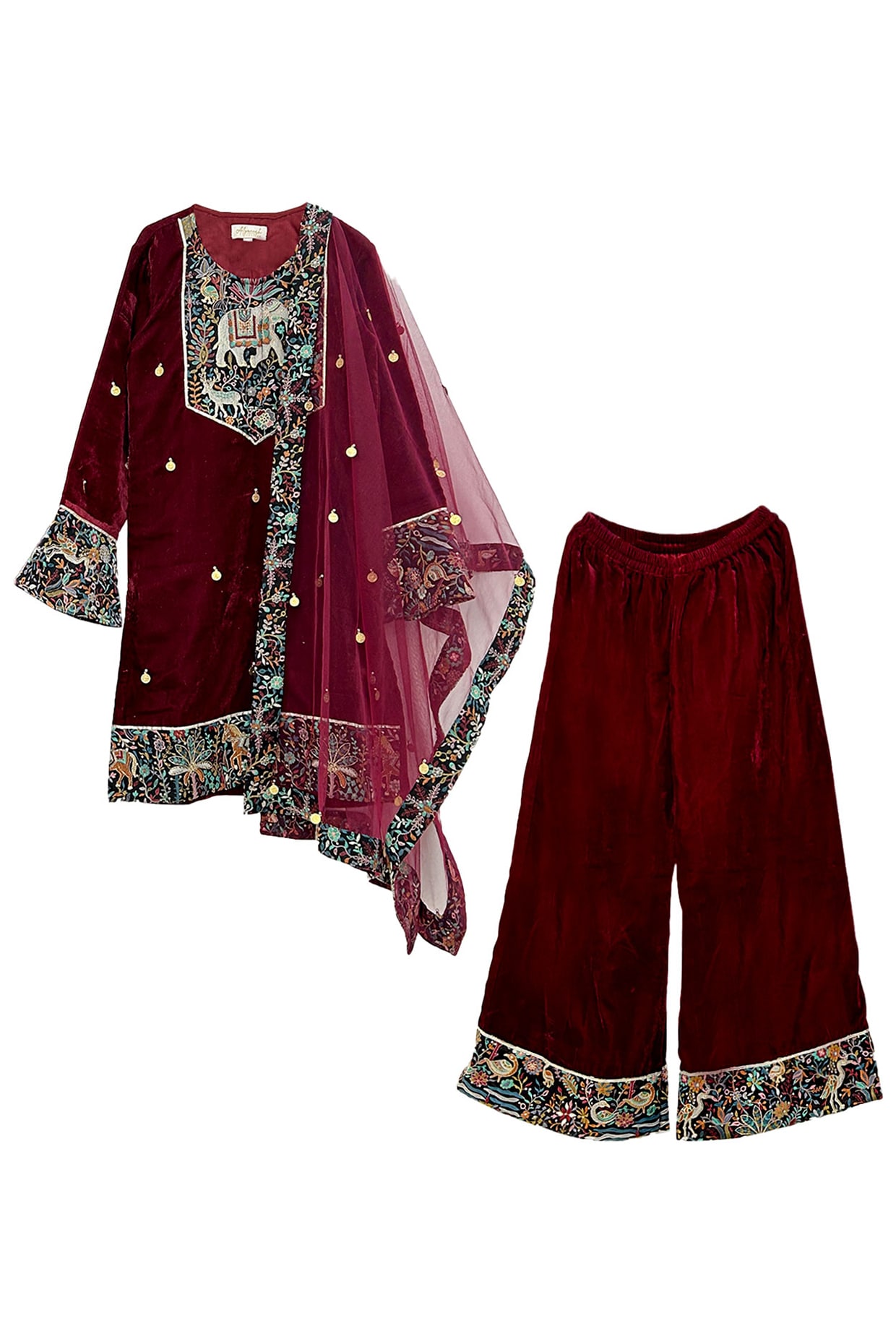 Maroon Velvet Zari Embroidered Kurta Set For Girls by Alyaansh Couture ...