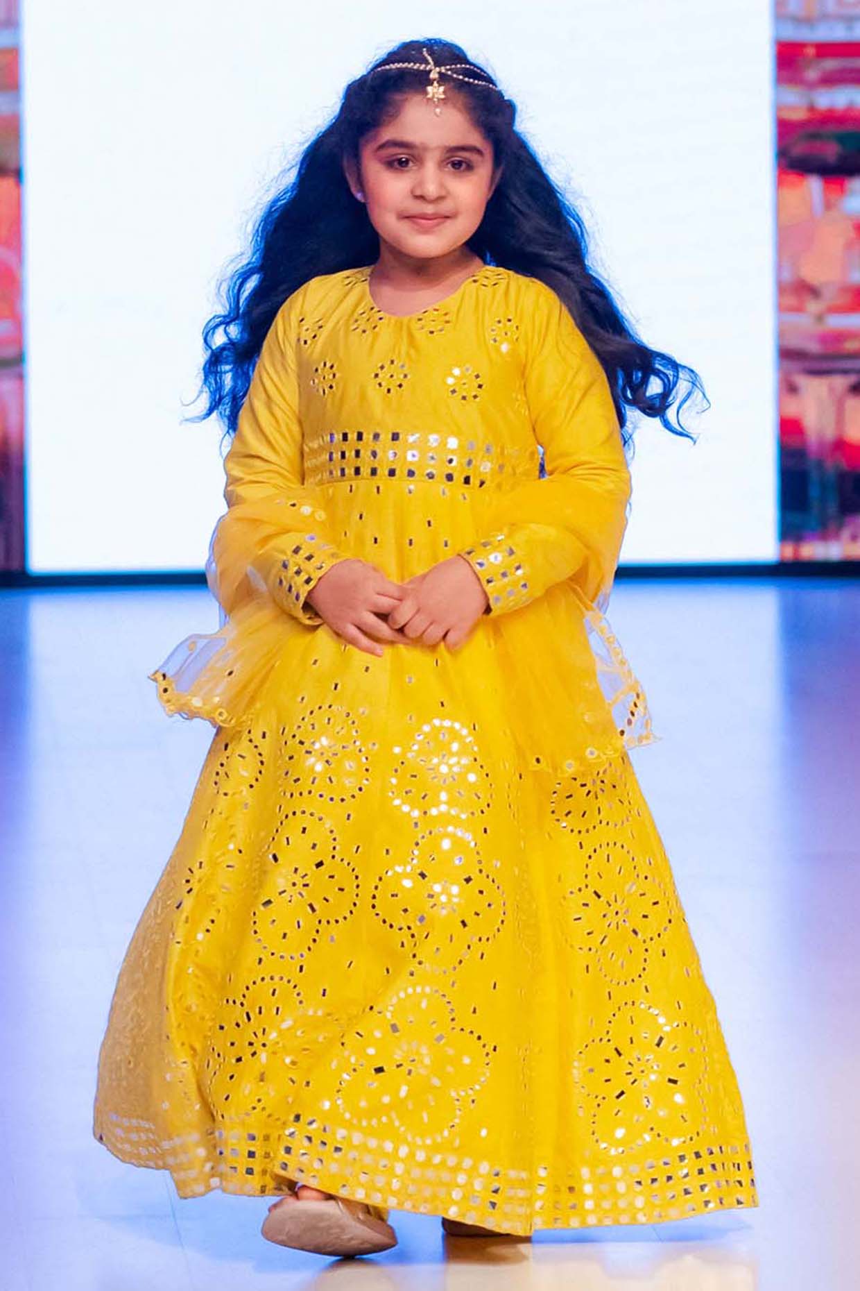 Yellow Raw Silk Mirror Embellished Anarkali Set For Girls by Alyaansh ...