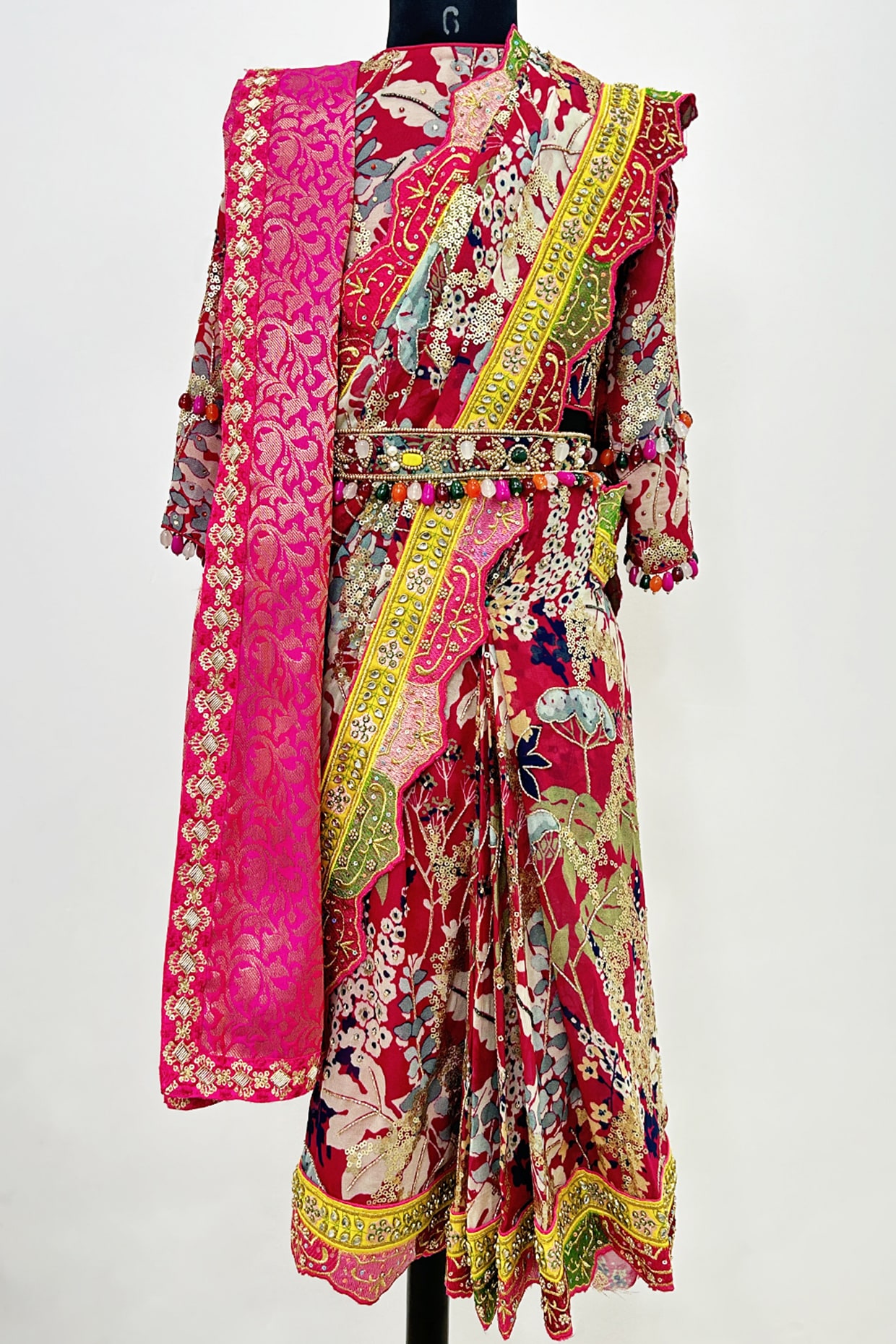 Multi-Colored Georgette Hand Embroidered & Printed Draped Saree Set For ...