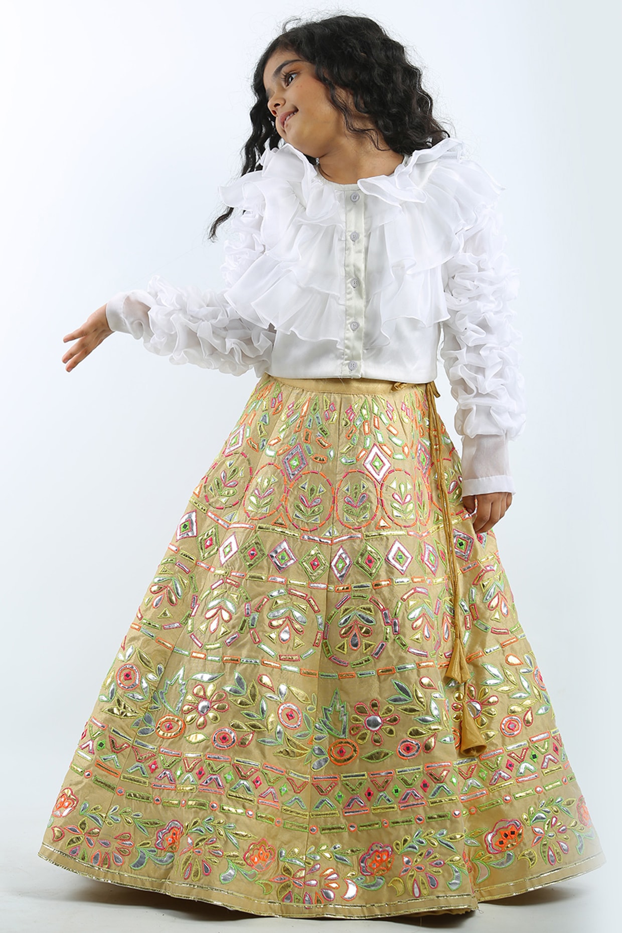 Gold Organza Sequins Embroidered Lehenga Set For Girls by Alyaansh ...