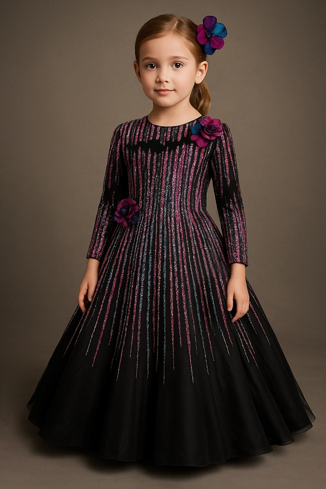 Black Net Floral Handwork Gown With HairClip For Girls by Alyaansh ...