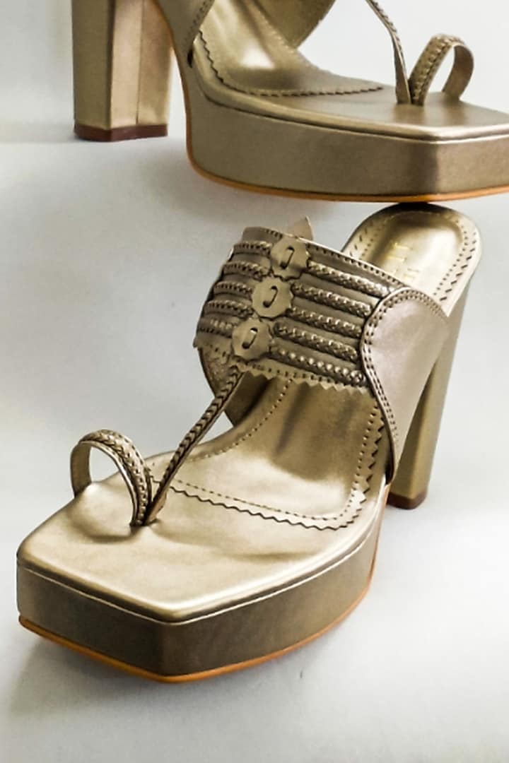 Light Gold Faux Leather Platform Block Heels by The Alter at Pernia's ...