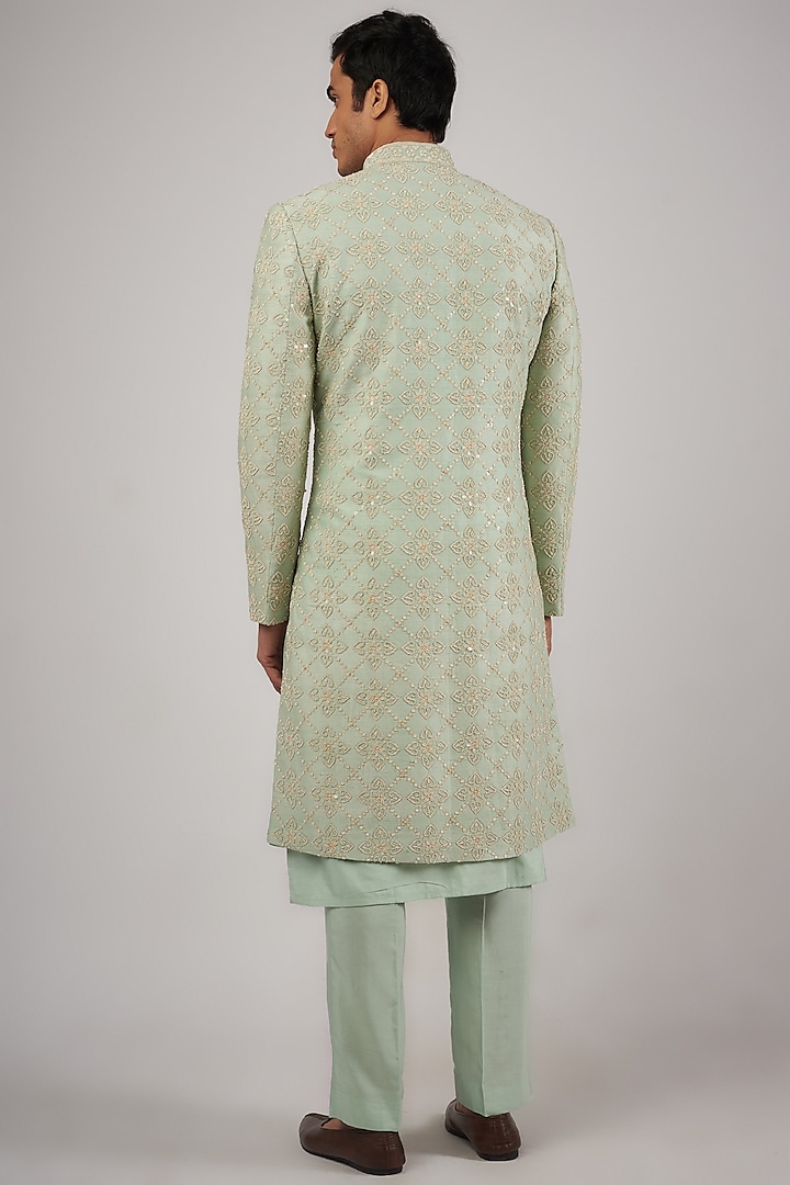 Mint Green Raw Silk Sequins & Dabka Embroidered Groom Sherwani Set by ...