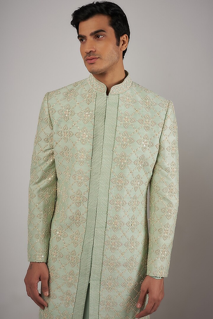 Mint Green Raw Silk Sequins & Dabka Embroidered Groom Sherwani Set by ...