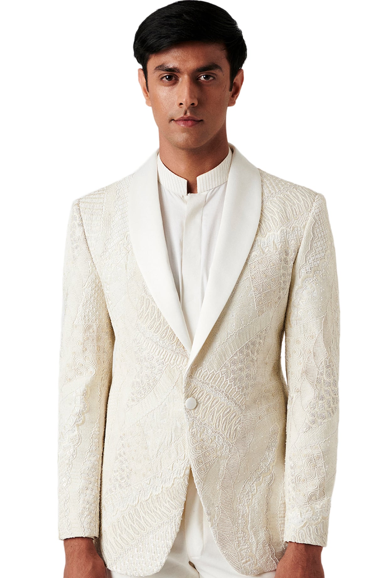 White Wool Embroidered Tuxedo Set by Amaare at Pernia's Pop Up Shop 2025