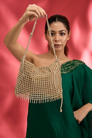 Gold Brass Alloy & Crepe Satin Chaton Stone Bag by AMAMA at Pernia's ...