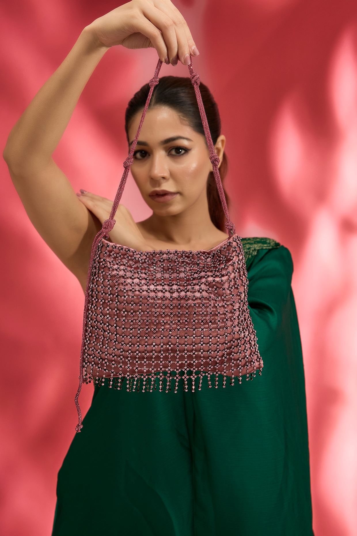 Pink Brass Alloy & Crepe Satin Chaton Stone Bag by AMAMA at Pernia's ...