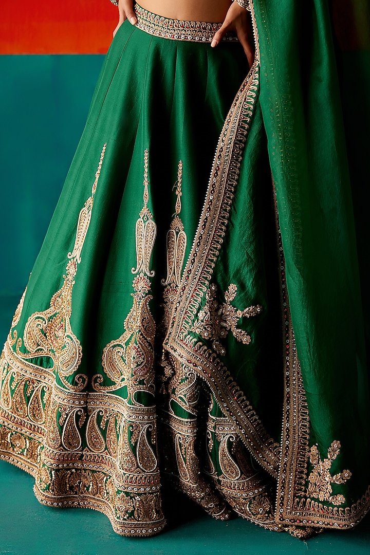 Dark Green Dupion Silk & Organza Hand Embroidered Bridal Lehenga Set by ...