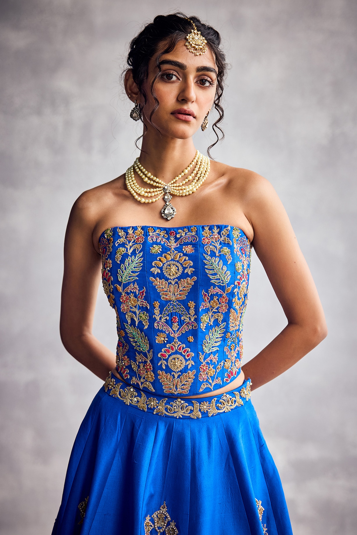 Cobalt Blue Dupion Silk Floral Embroidered Bridal Lehenga Set by AMAN ...