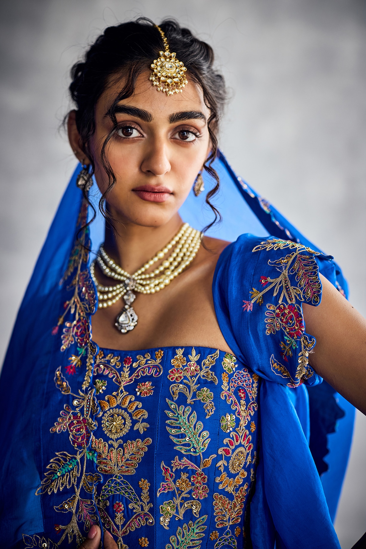 Cobalt Blue Dupion Silk Floral Embroidered Bridal Lehenga Set by AMAN ...