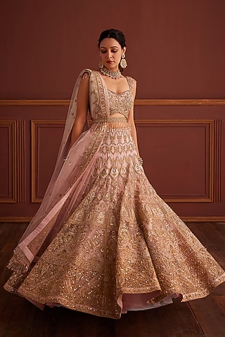 Pink Net Cutdana & Dabka Embellished Bridal Lehenga Set by Anjanaa M ...