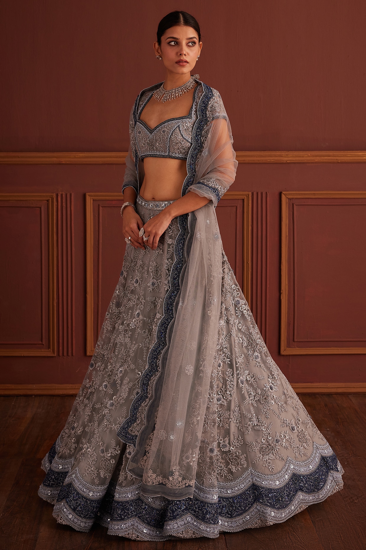 Grey Net Bead Embellished Scalloped Bridal Lehenga Set by Anjanaa M ...