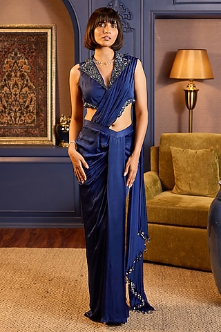 Blue Satin Silk Pre-Stitched Saree Set by Anjanaa M Dang at Pernia's ...