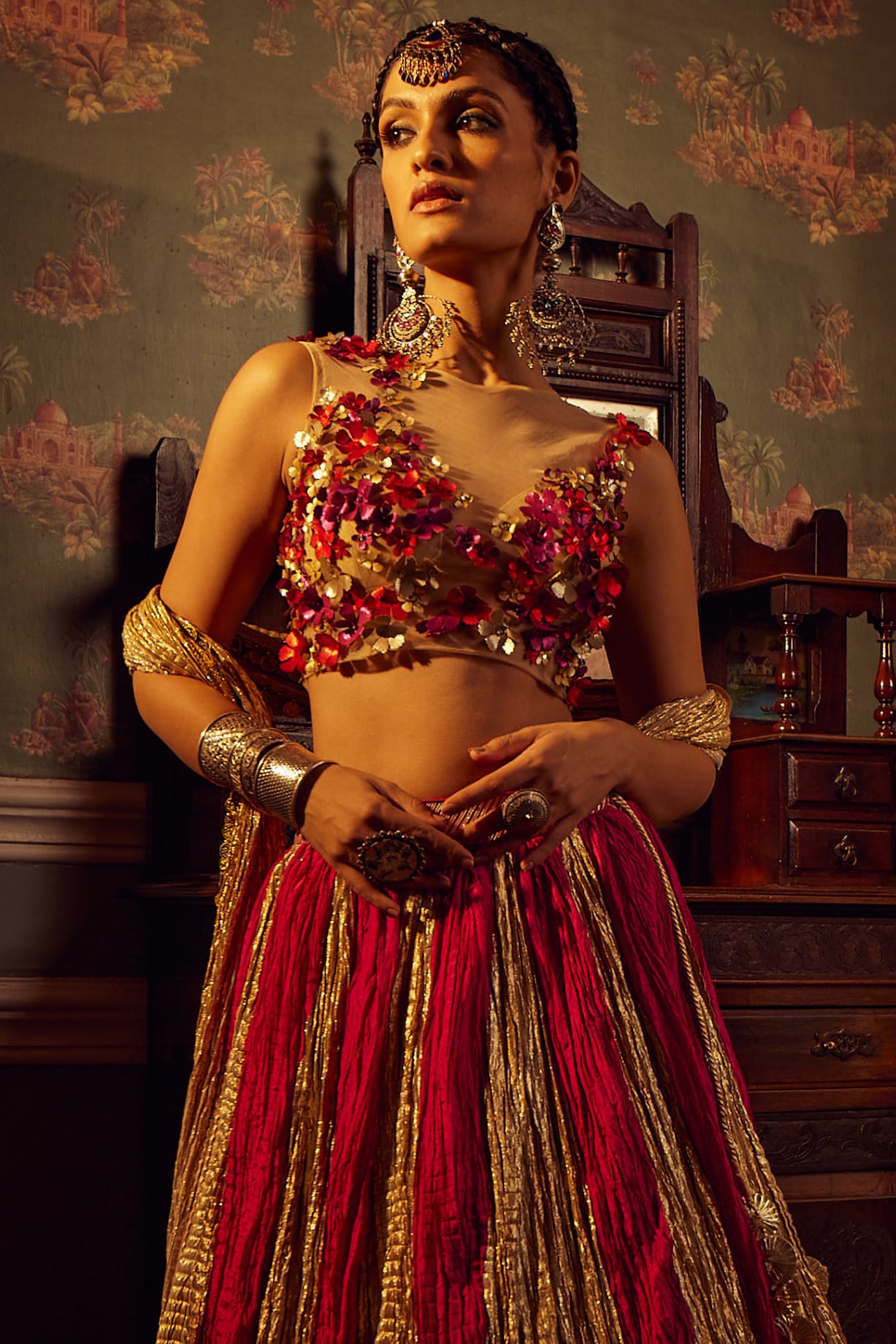 Fuchsia Metallic Tissue Flared Wedding Lehenga Set by Etasha by Asha ...