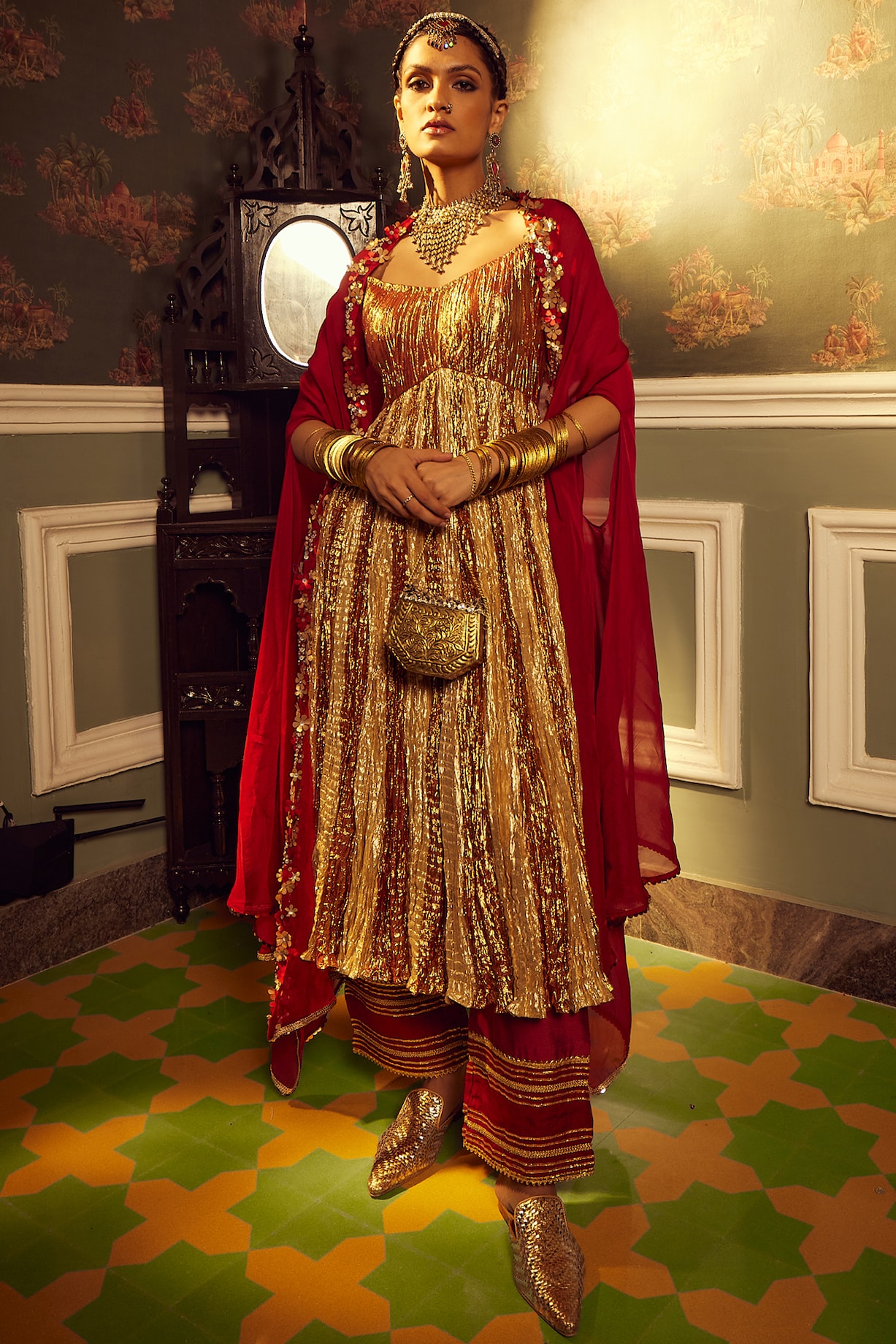 Gold Metallic Tissue Embellished Flared Anarkali Set Design by Etasha by Asha Jain at Pernia's ...