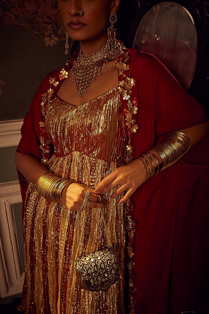 Gold Metallic Tissue Embellished Flared Anarkali Set by Etasha by Asha Jain at Pernia's Pop Up ...