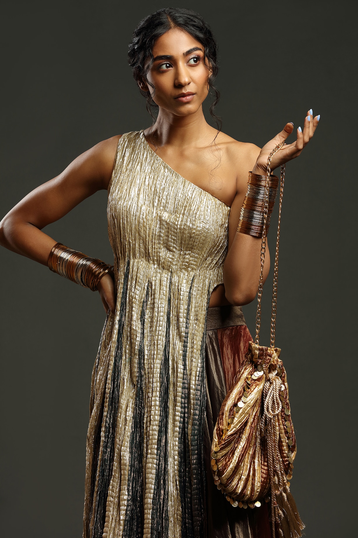 Silver Metallic Tissue One-Shoulder Flared Anarkali Set by Etasha by ...