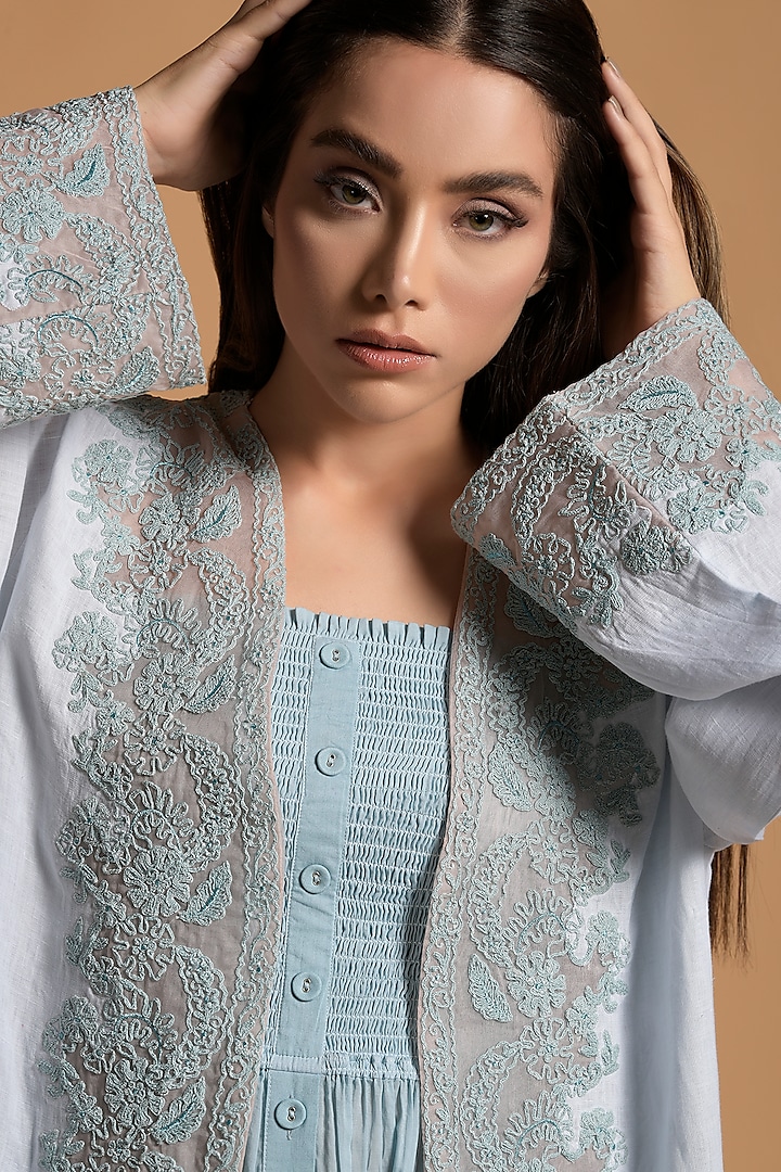 Nile Blue Embroidered Open Jacket Dress by Amore Mio by Hitu at Pernia ...