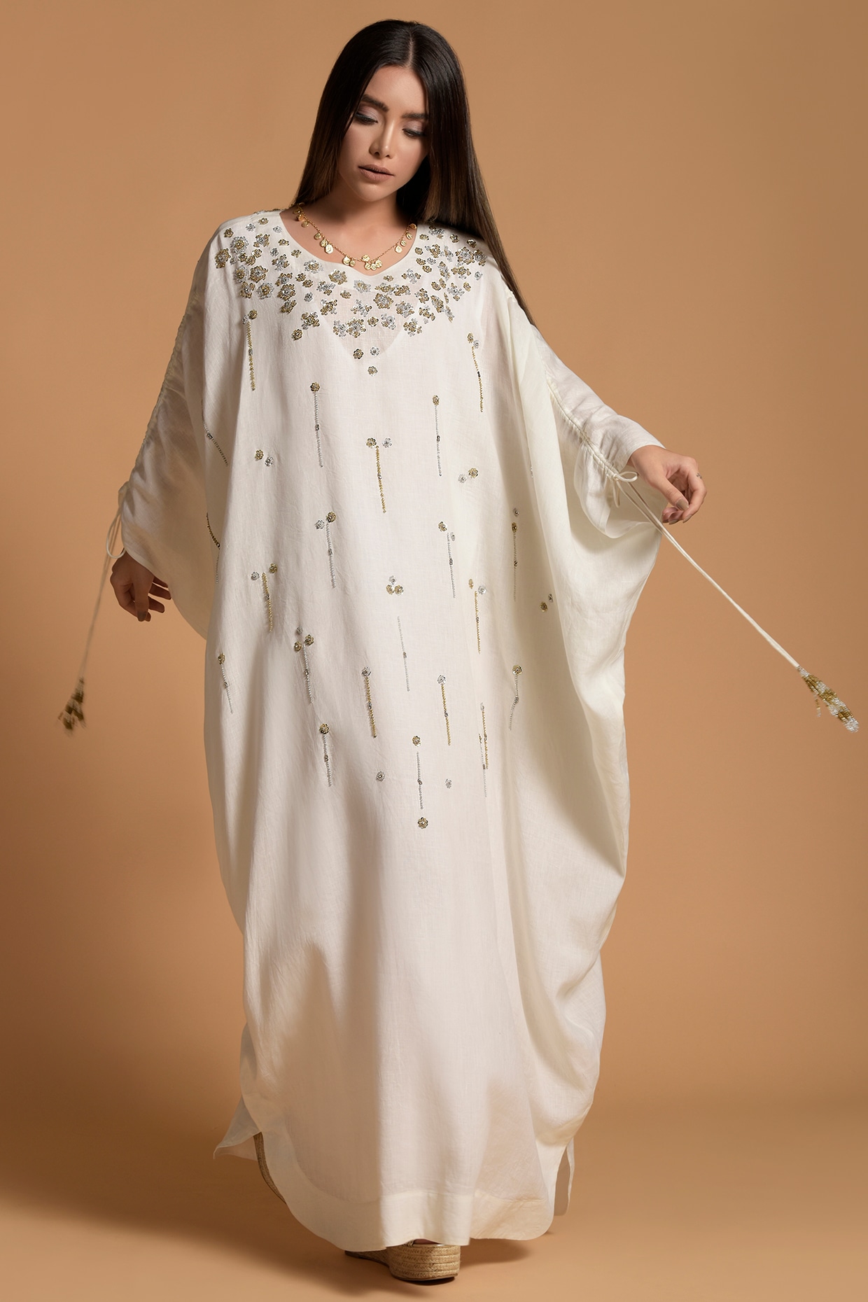 Ecru Linen Embellishments Kaftan With Inner Camisole by Amore Mio by ...