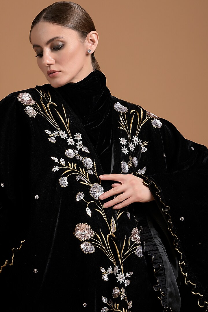 Black Poly Velvet Embellished Cape Set by Amore Mio by Hitu at Pernia's ...
