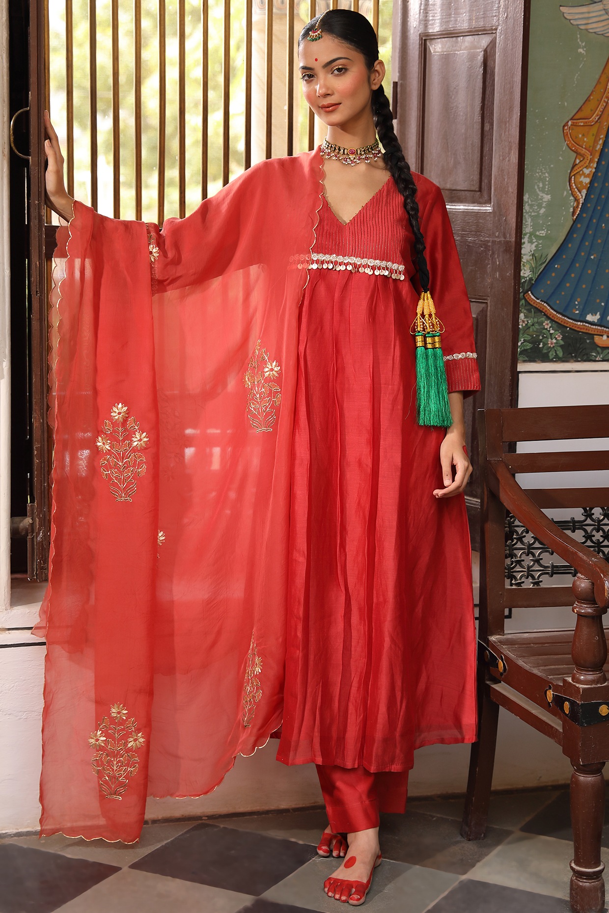 Brick Rust Silk Chanderi Zardosi Embroidered Kurta Set By Amoree At