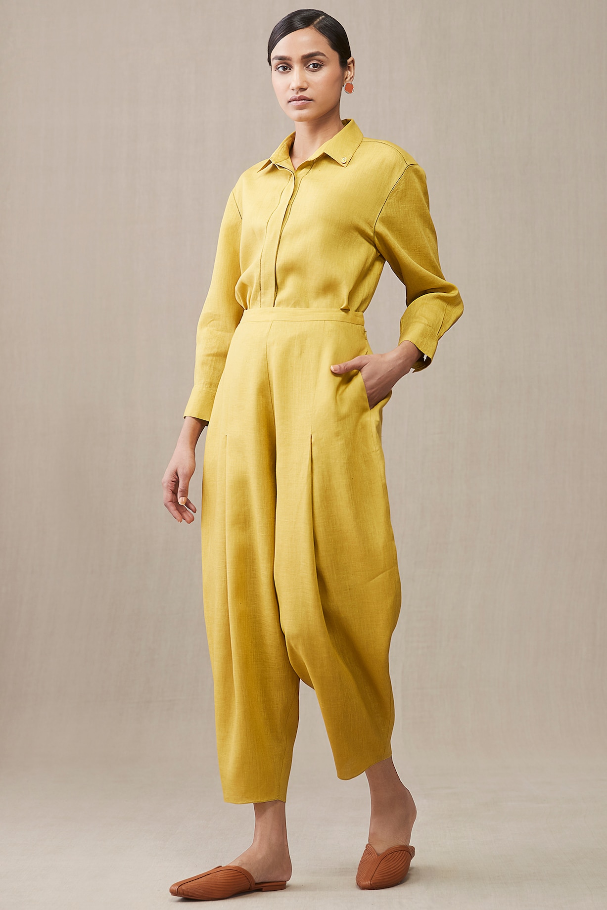 Mustard Linen Tunic Set Design by AMPM at Pernia's Pop Up Shop 2024