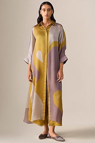 Mustard Yellow Satin Organza Tunic Set by AMPM at Pernia's Pop Up Shop 2026