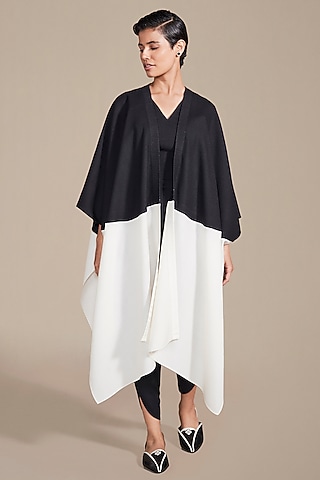 Black & Ivory Woolen Rib Texture Embroidered Cape Set by AMPM at Pernia ...