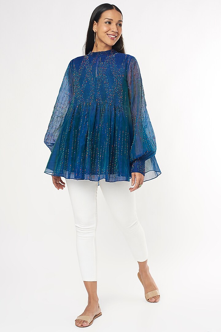 Blue Embroidered Top Design by Amrich at Pernia's Pop Up Shop 2024
