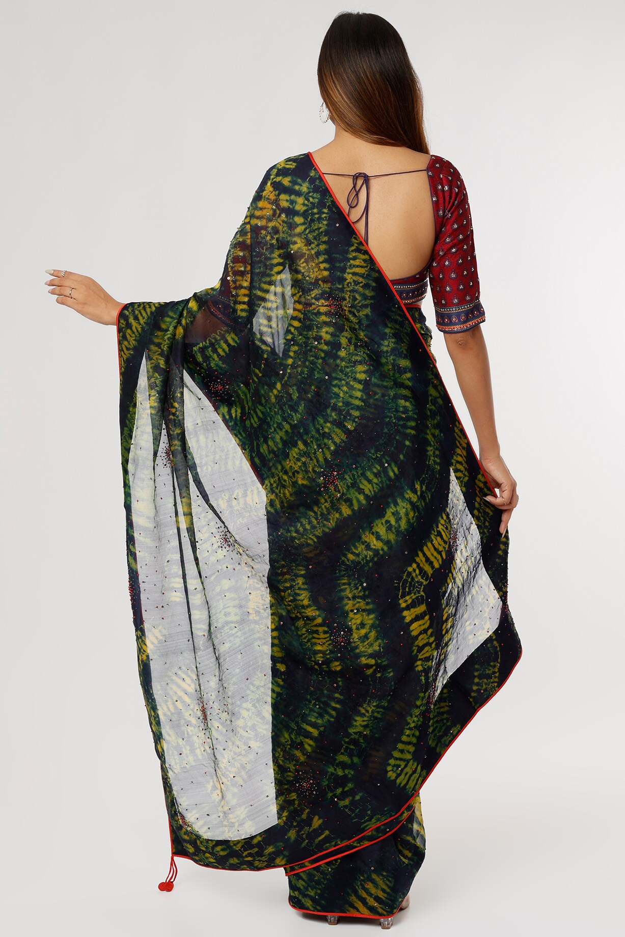 Dark Green & Navy Handwoven Silk Tie-Dye Printed Saree Set by Amrich at ...