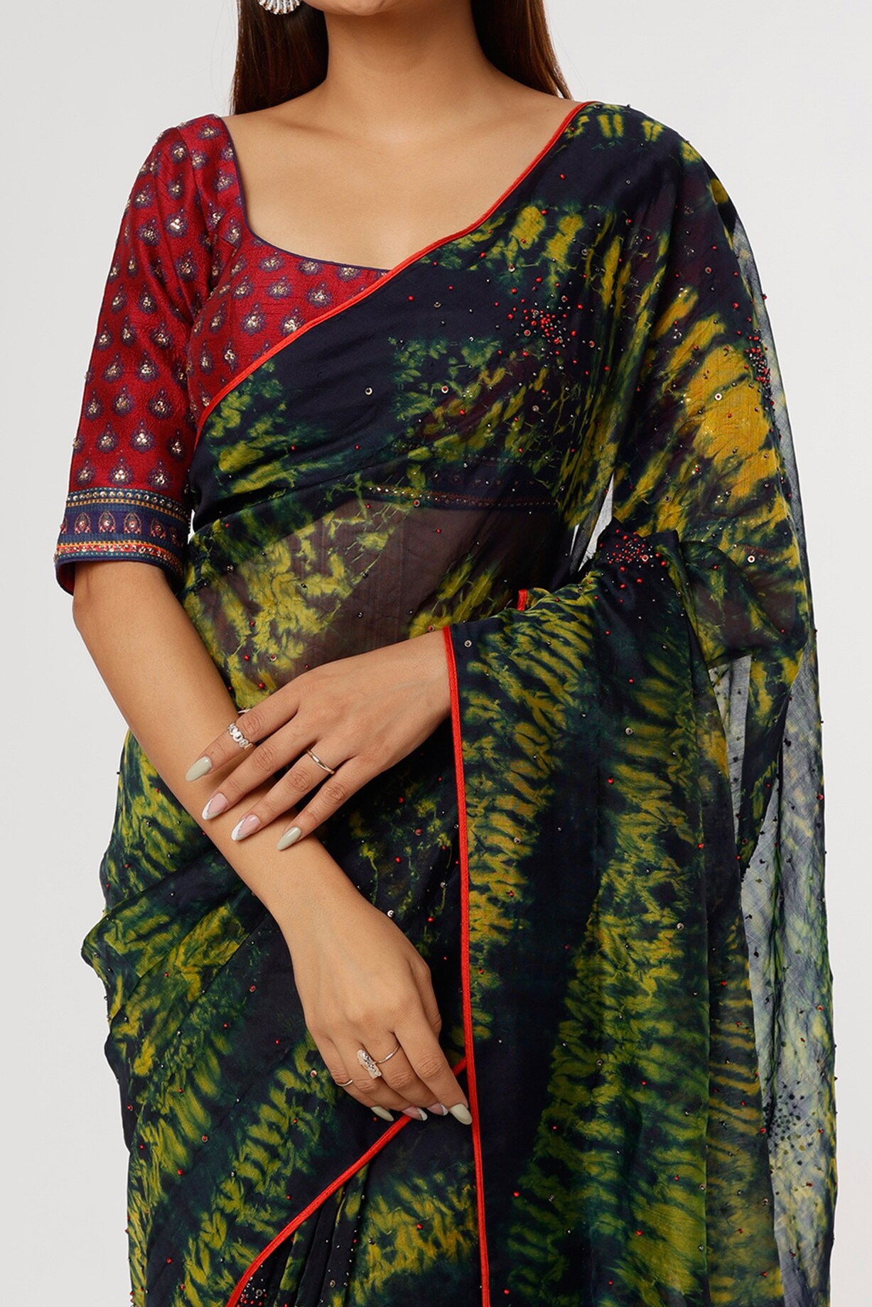 Dark Green & Navy Handwoven Silk Tie-Dye Printed Saree Set by Amrich at ...