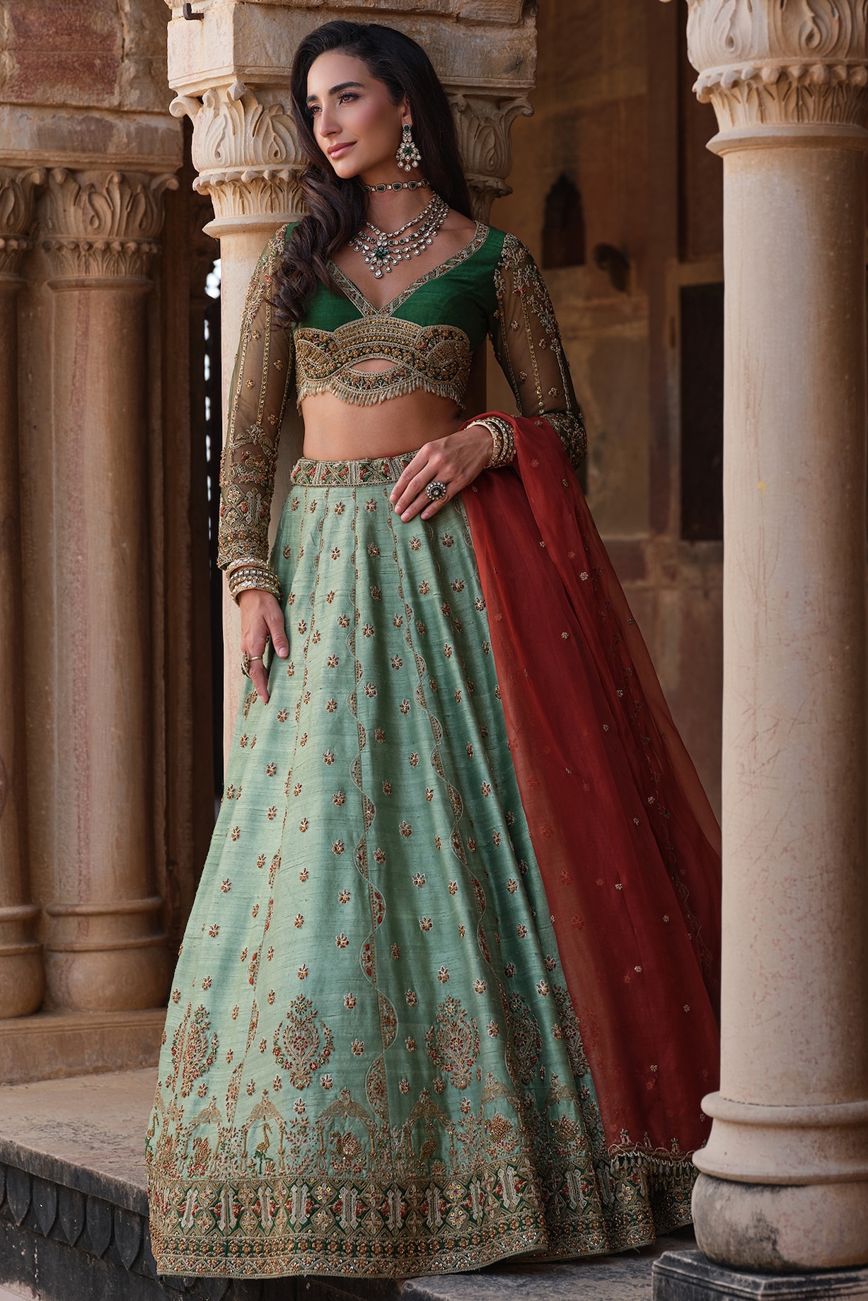 Mint Green Raw Silk Hand Embellished Bridal Lehenga Set by AMRIN KHAN ...