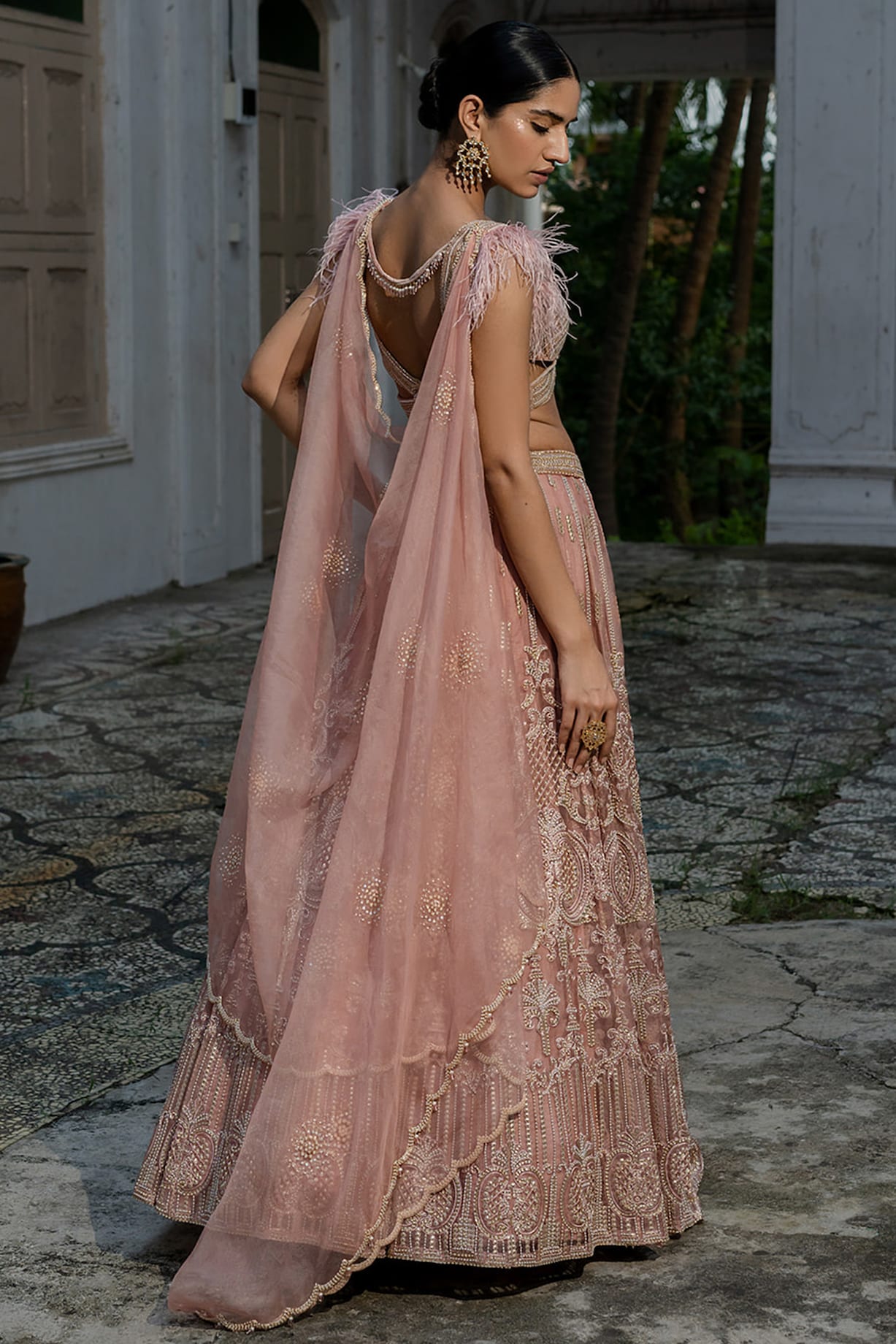 Rose Gold Velvet & Organza Embroidered Wedding Lehenga Set by AMRIN ...