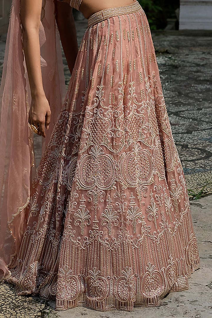Rose Gold Velvet & Organza Embroidered Wedding Lehenga Set by AMRIN ...