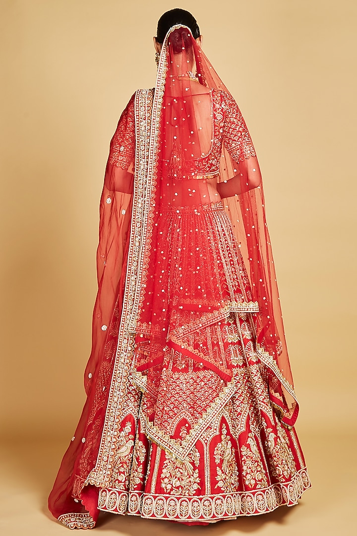 Red Raw Silk Hand Embroidered Bridal Lehenga Set by AMRIN KHAN at ...