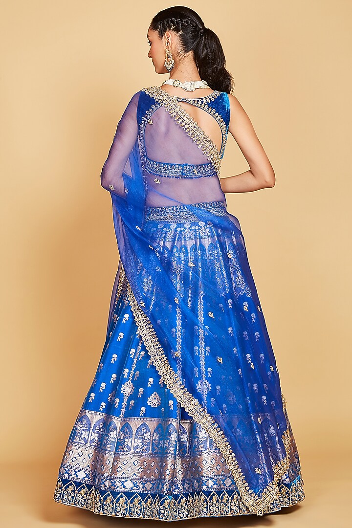 Blue Banarasi Silk Embroidered Bridal Lehenga Set by AMRIN KHAN at ...