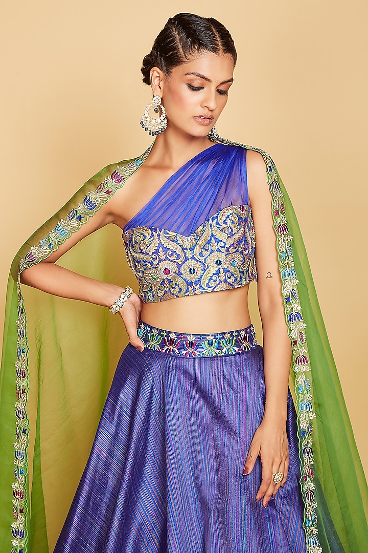 Blue Raw Silk Hand Embroidered Lehenga Set Design by AMRIN KHAN at ...