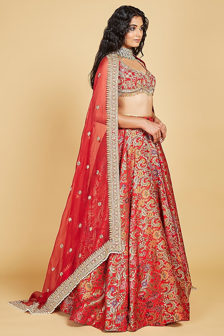 Red Banarasi Silk Embroidered Lehenga Set Design by AMRIN KHAN at ...