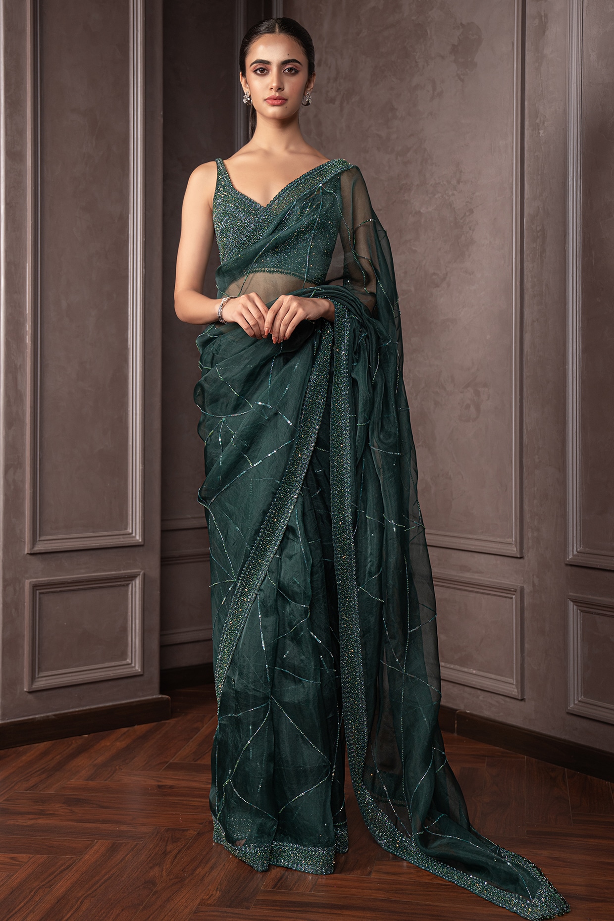 Emerald Green Organza Cutdana Embroidered Wedding Saree Set by AMRIN ...